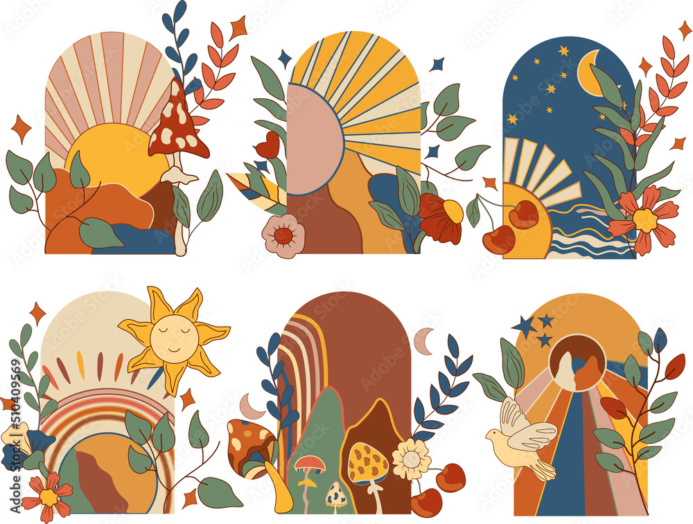 70s groovy posters, Retro sunset background, mushroom, leaves, retro ...