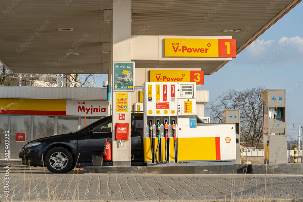 Royal Dutch Shell gas station, gas pumps side view. Shell V-Power. Gas ...