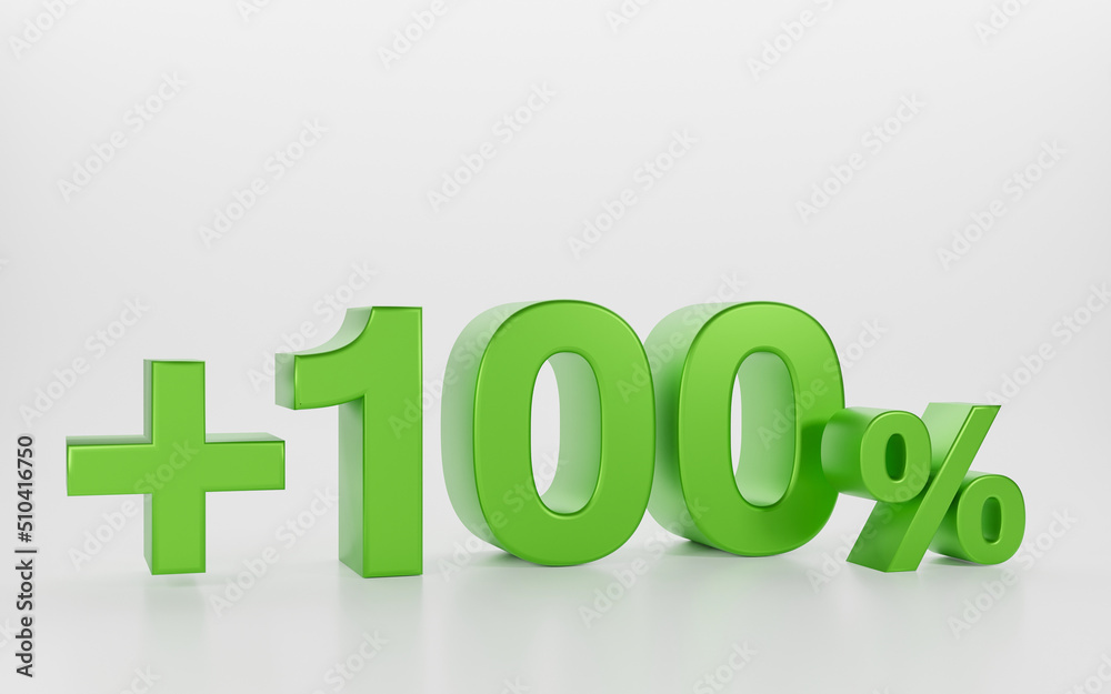 3D plus 100 percent isolated on white background. one hundred green and ...