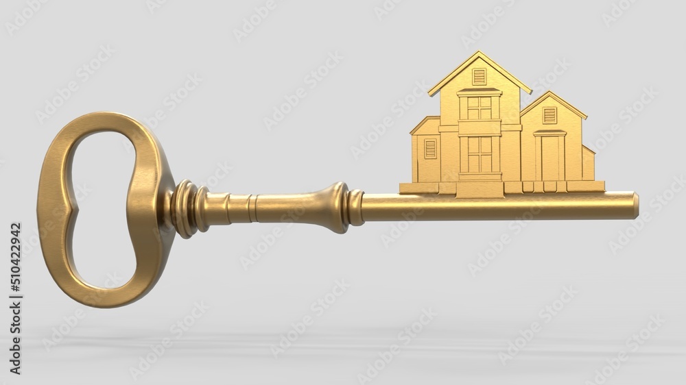 Gold key success concept. Housing sign with golden key. House key. 3d ...