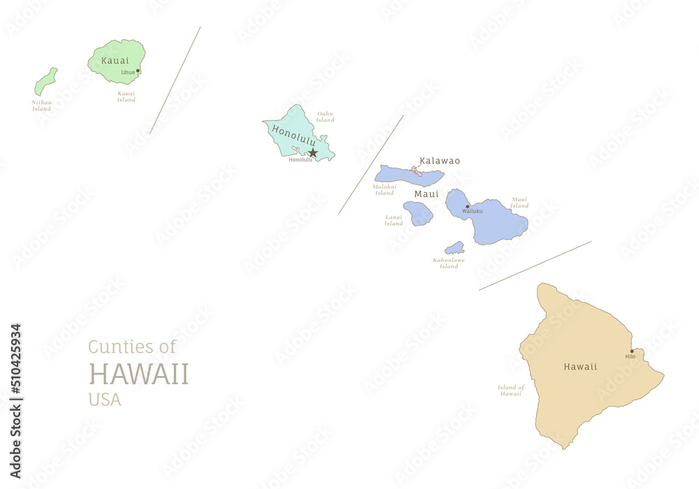 Obraz na płótnie Administrative map of Hawaii, island American federal ...