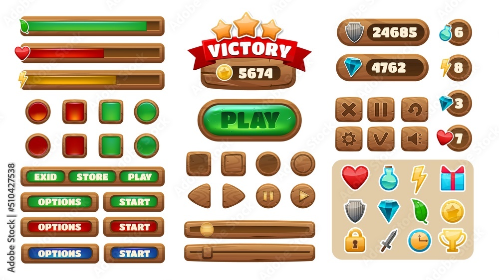 Cartoon game UI. Wooden interface buttons icons panels progress-bars ...