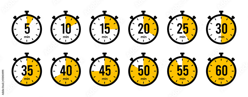 Countdown 5, 10, 15, 20, 25, 30, 35, 40, 45, 50, 55, 60 minutes. Timer ...