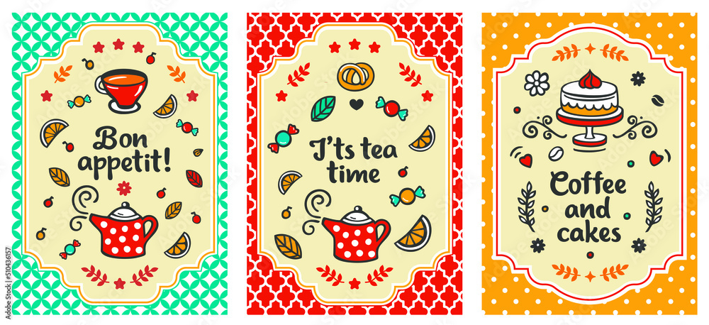 Cafe poster set with teapot cup cake and candies Stock Vector | Adobe Stock