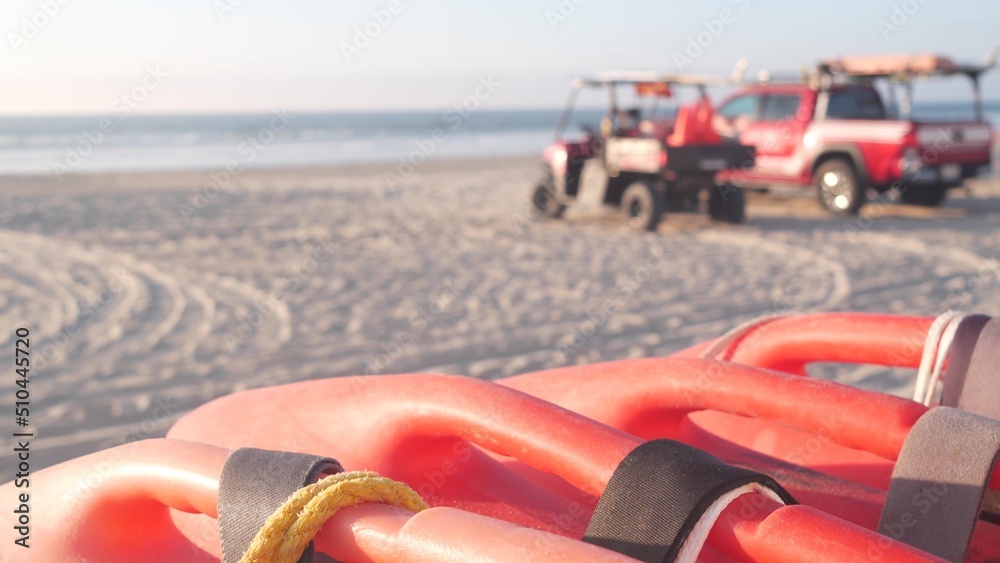 Lifeguard red pickup truck, life guard auto on sand, California ocean ...