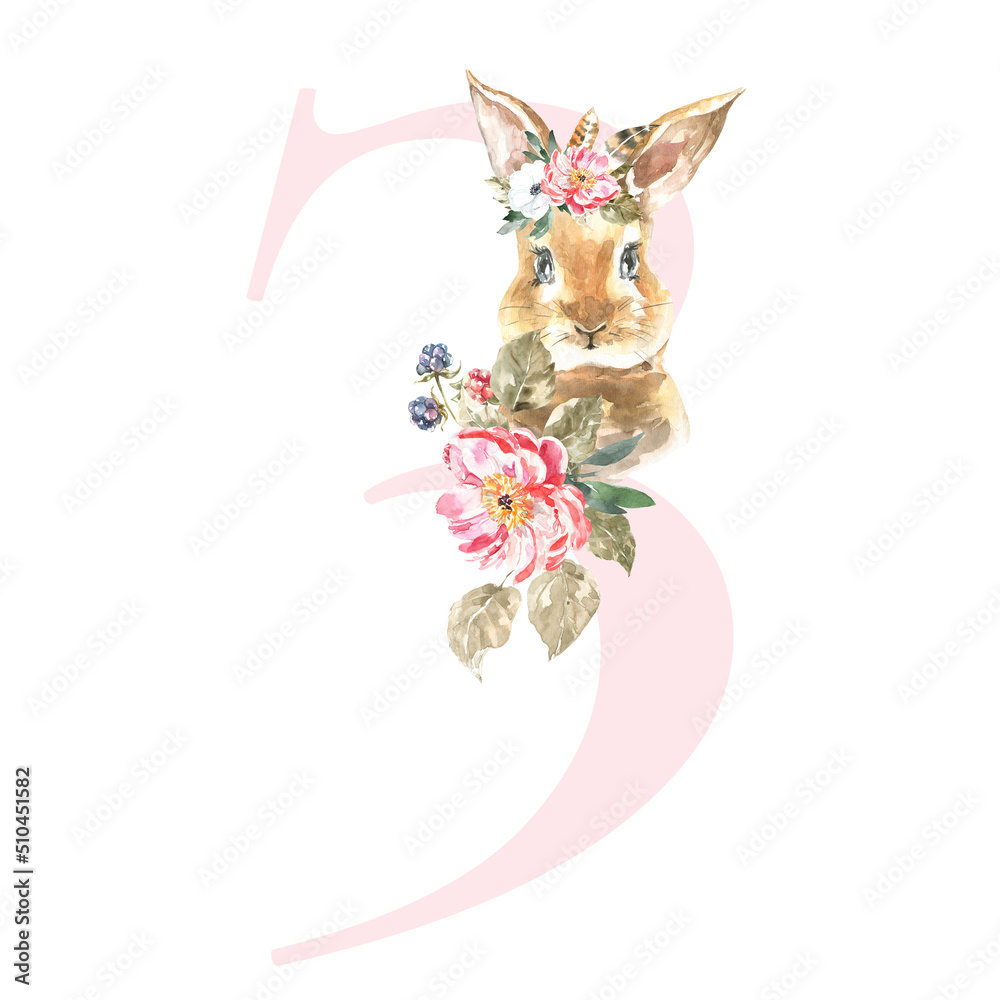 Watercolor Pink Animals Floral Number - digit 3 with cute watercolor ...