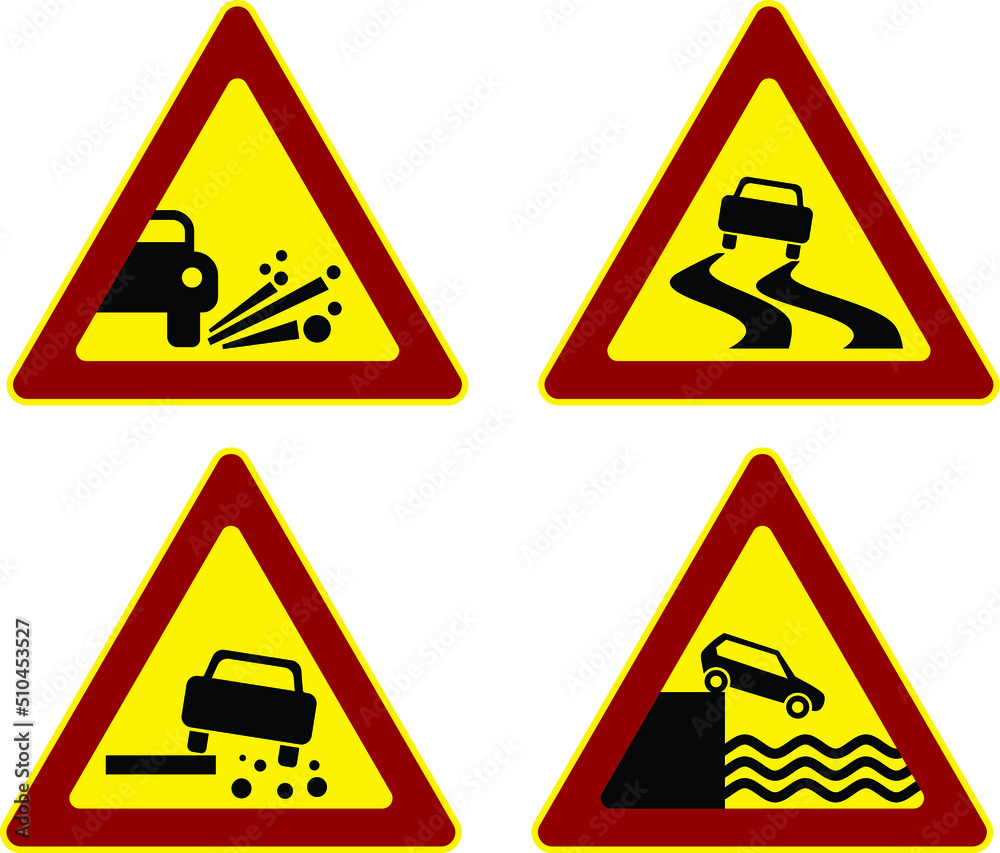 Road Safety Sign Set - Warning, slippery road, Ejection of gravel, Car ...