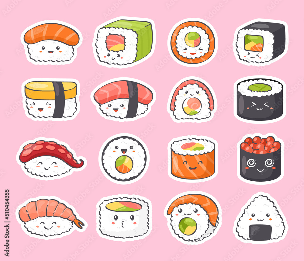 Kawaii Sushi Stickers Vector Icon Set Of Cute Sushi Rolls Nigiri