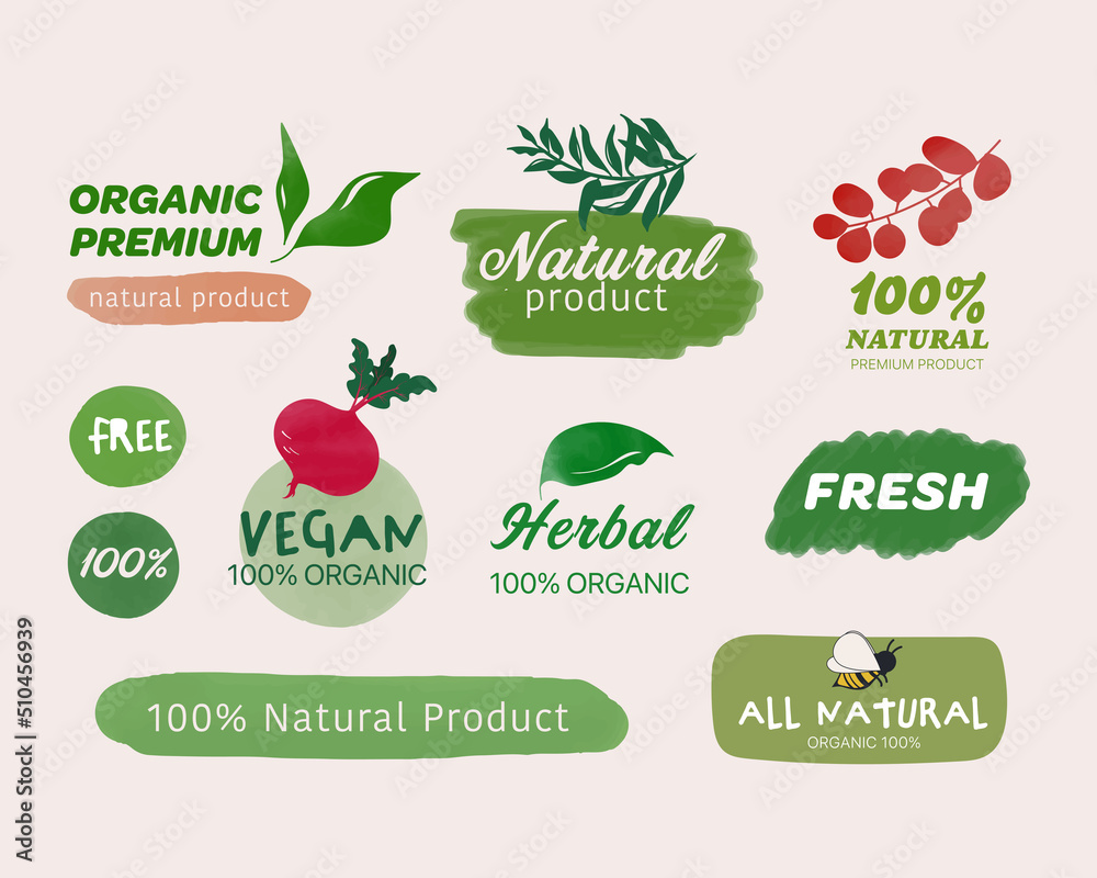 Organic and Natural label of hand drawn botanical elements and banner ...