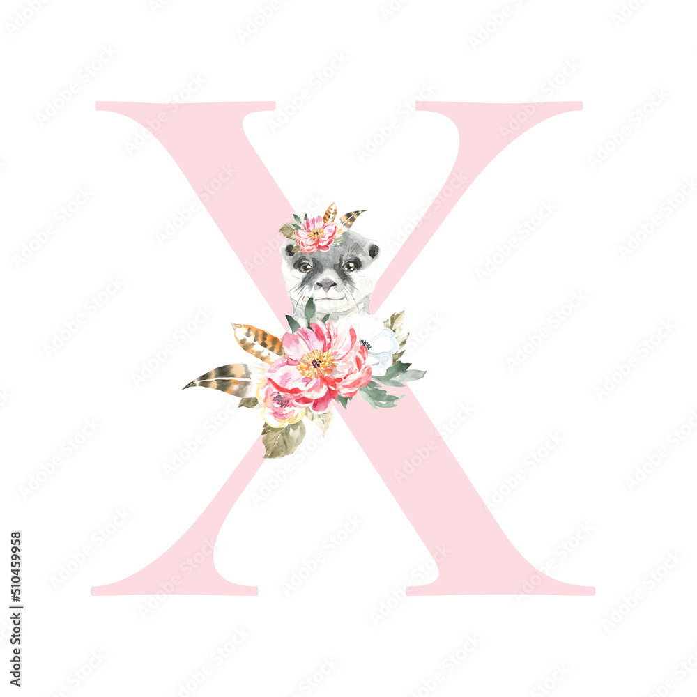 Watercolor Pink Animals Floral Alphabet letter X with cute watercolor ...