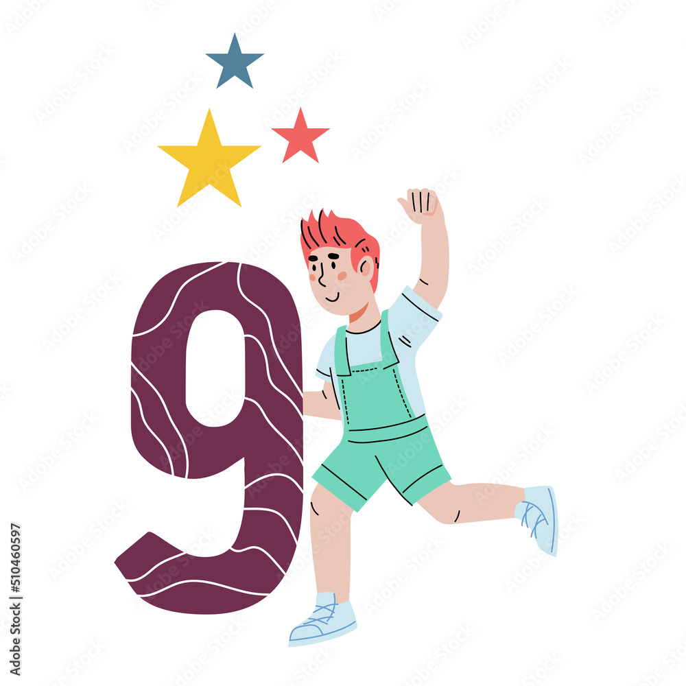 Child with number nine, flat cartoon vector illustration isolated on ...