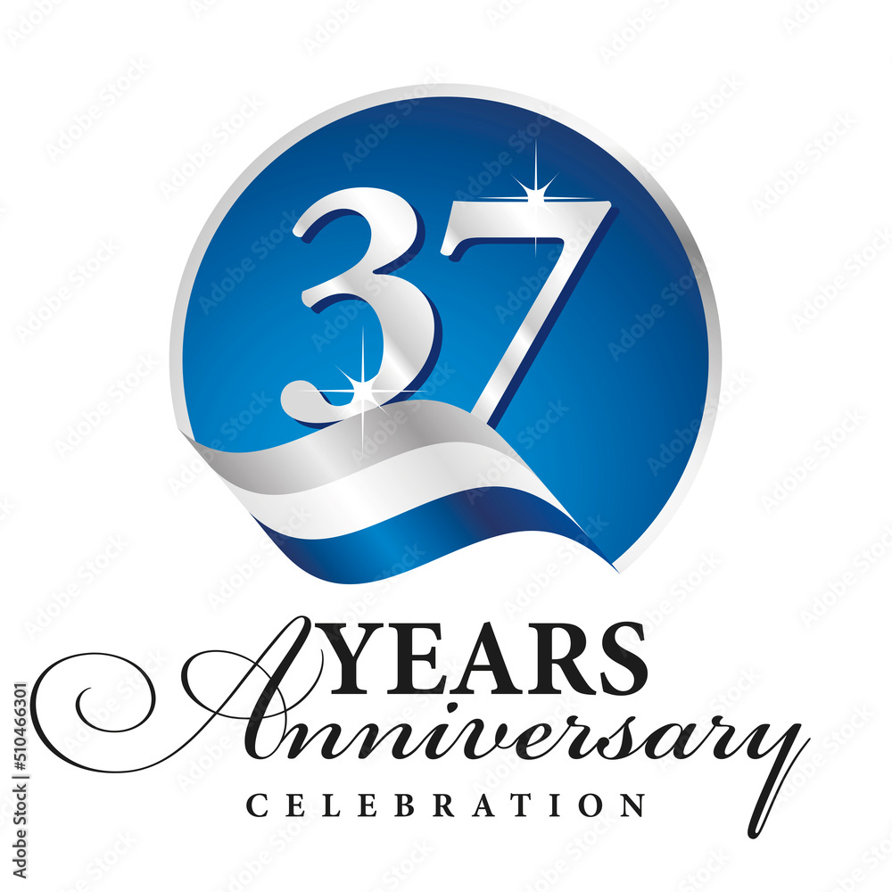 Anniversary 37 years celebration logo silver white blue ribbon ...
