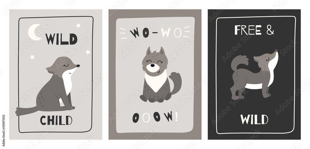 Set of kids posters with cute wolf. Minimalistic vector nursery posters ...