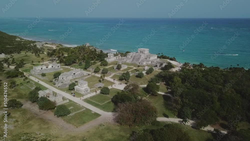 Aerial footage of Tulum ruins, Riviera Maya, Mexico. Drone fly forward ...