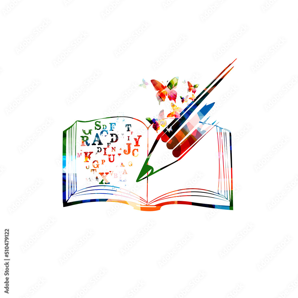 Colorful open book with pen isolated. Reading a book, inspirational ...