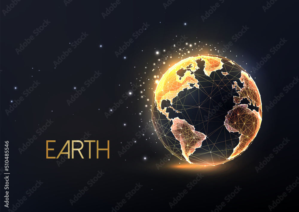 Concept of gold world map, planet Earth globe in futuristic glowing ...