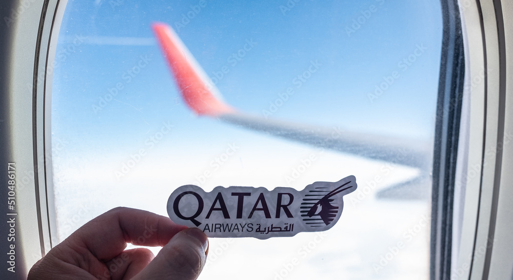 December 6, 2021, Doha, Qatar. The emblem of the airline Qatar Airways ...