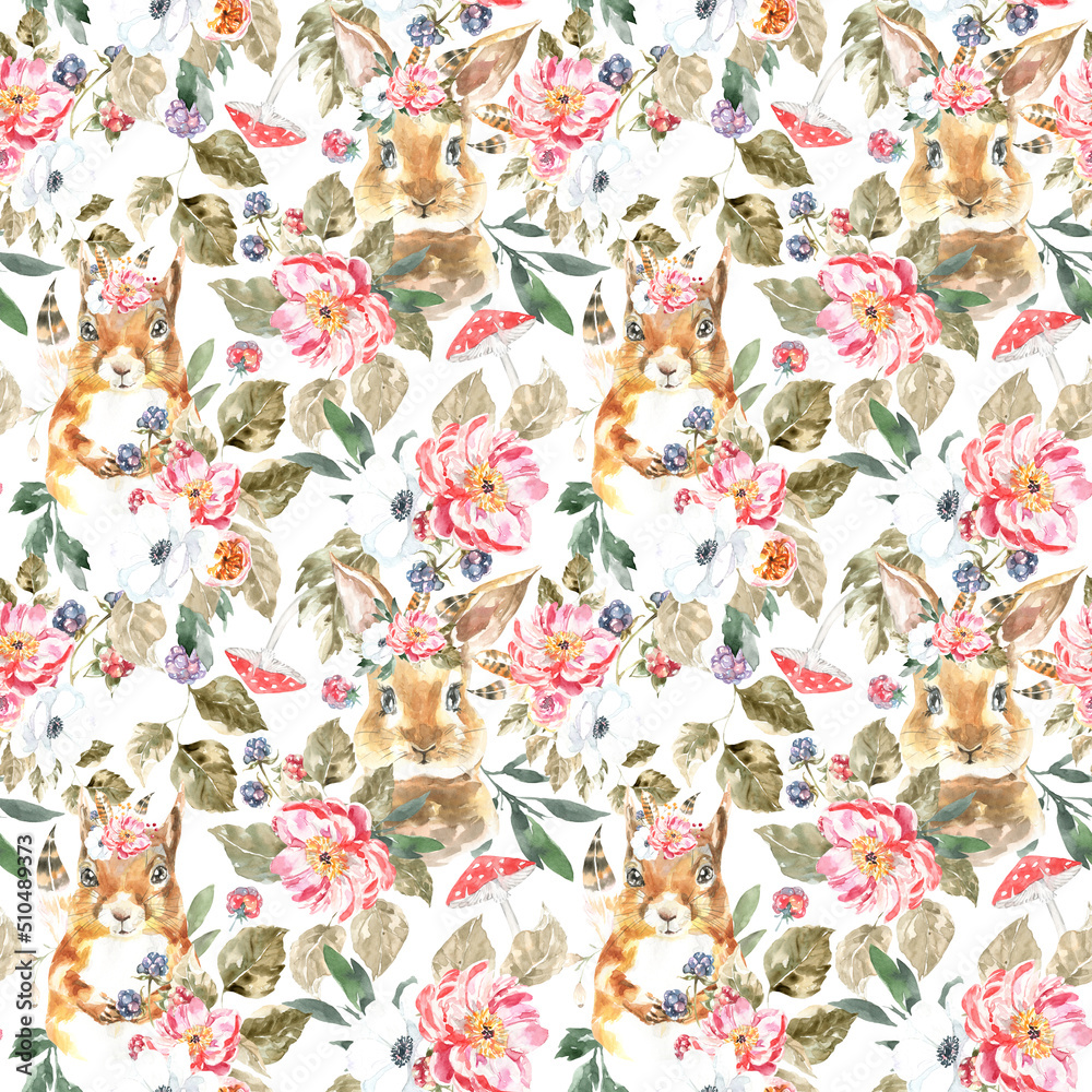Watercolor woodland animals nursery cute seamless pattern. Forest ...