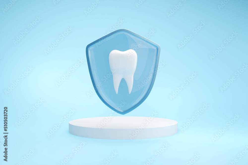 Tooth with shield on blue background metaphor teeth protection and ...