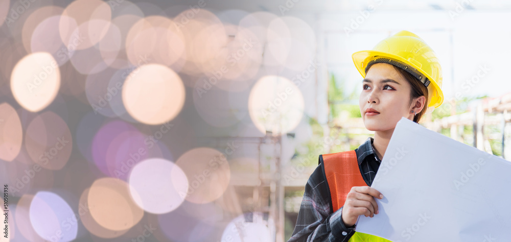 Asian engineer architect worker woman holding blueprint infrastructure ...