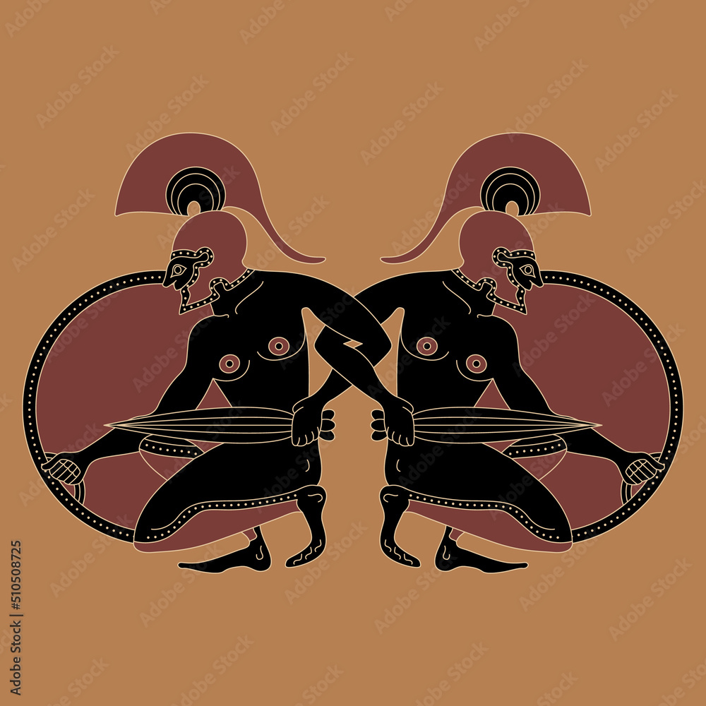 Symmetrical design with two seated ancient Greek warriors in helmets ...