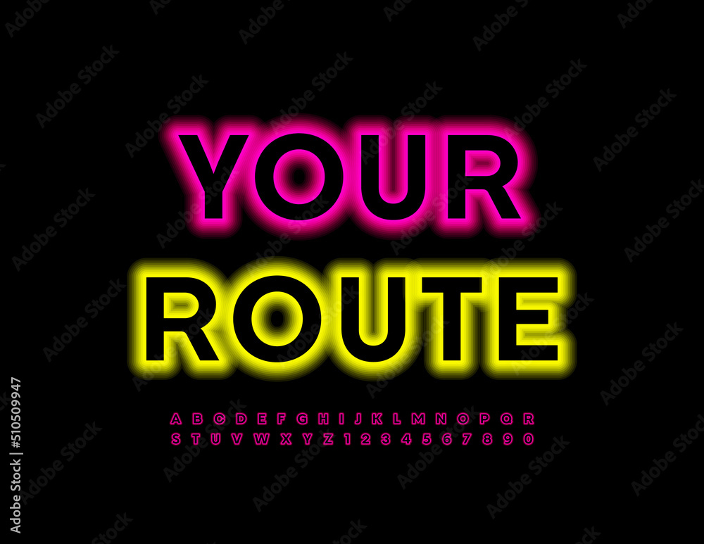 Vector bright Emblem Your Route. Red Neon Font. Glowing Alphabet ...