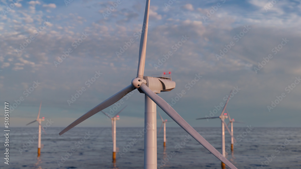 Wind Power. Offshore Wind Turbines at Sunset. Renewable Energy Concept ...
