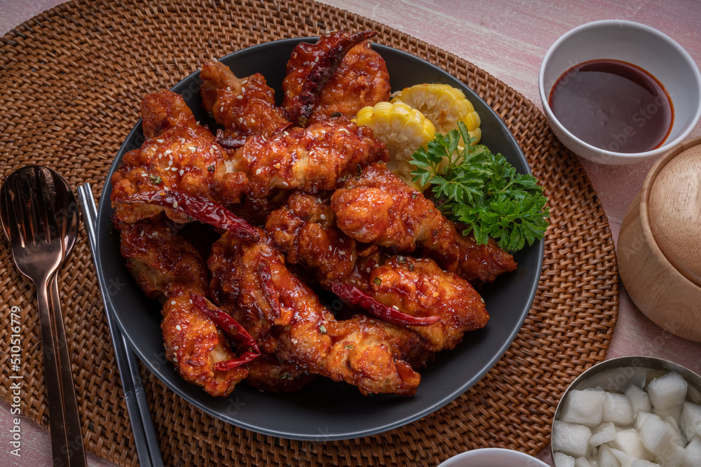 Gang Jeong chicken or crispy and tender Korean fried chicken smothered ...