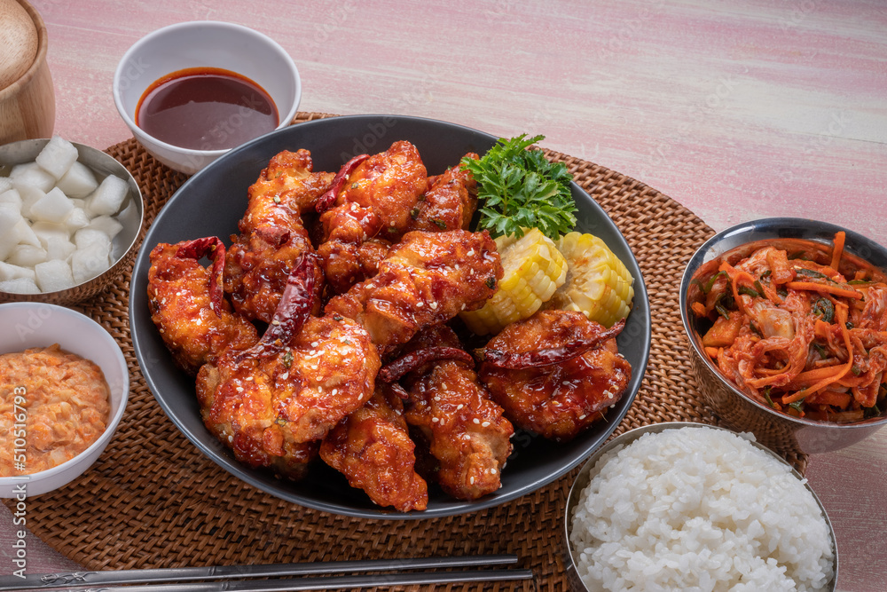 Gang Jeong chicken or crispy and tender Korean fried chicken smothered ...