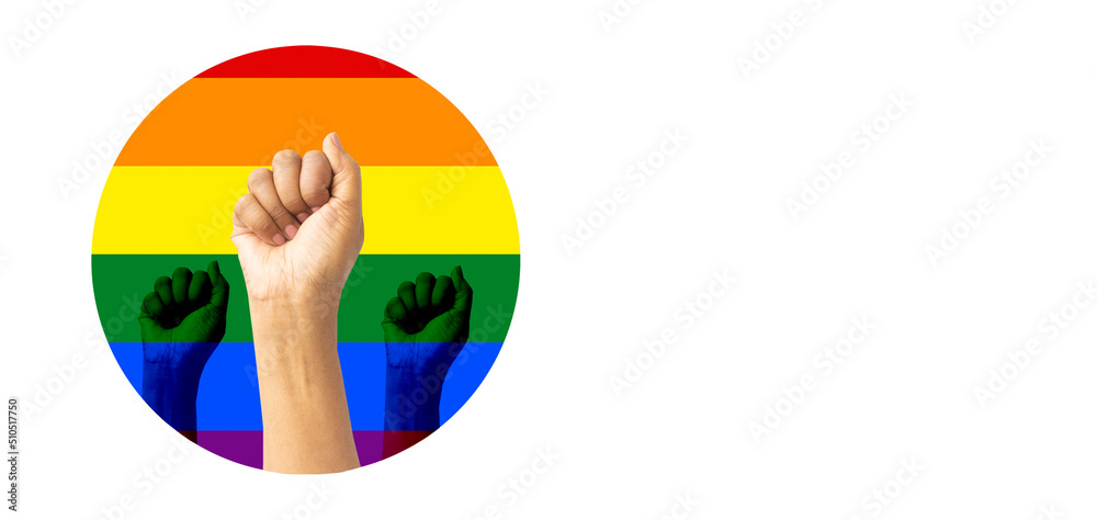 Lgbtq flag and protester hand fight.Pride month.People lgbt rainbow ...