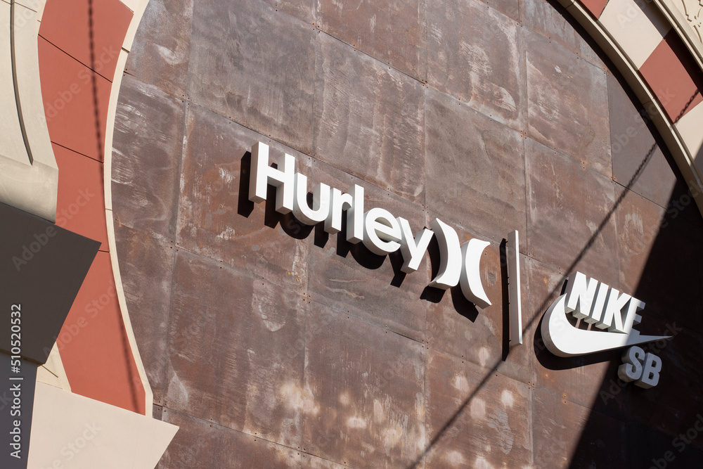 Irvine, CA, USA - May 7, 2022: Hurley and Nike SB logo are seen at the ...
