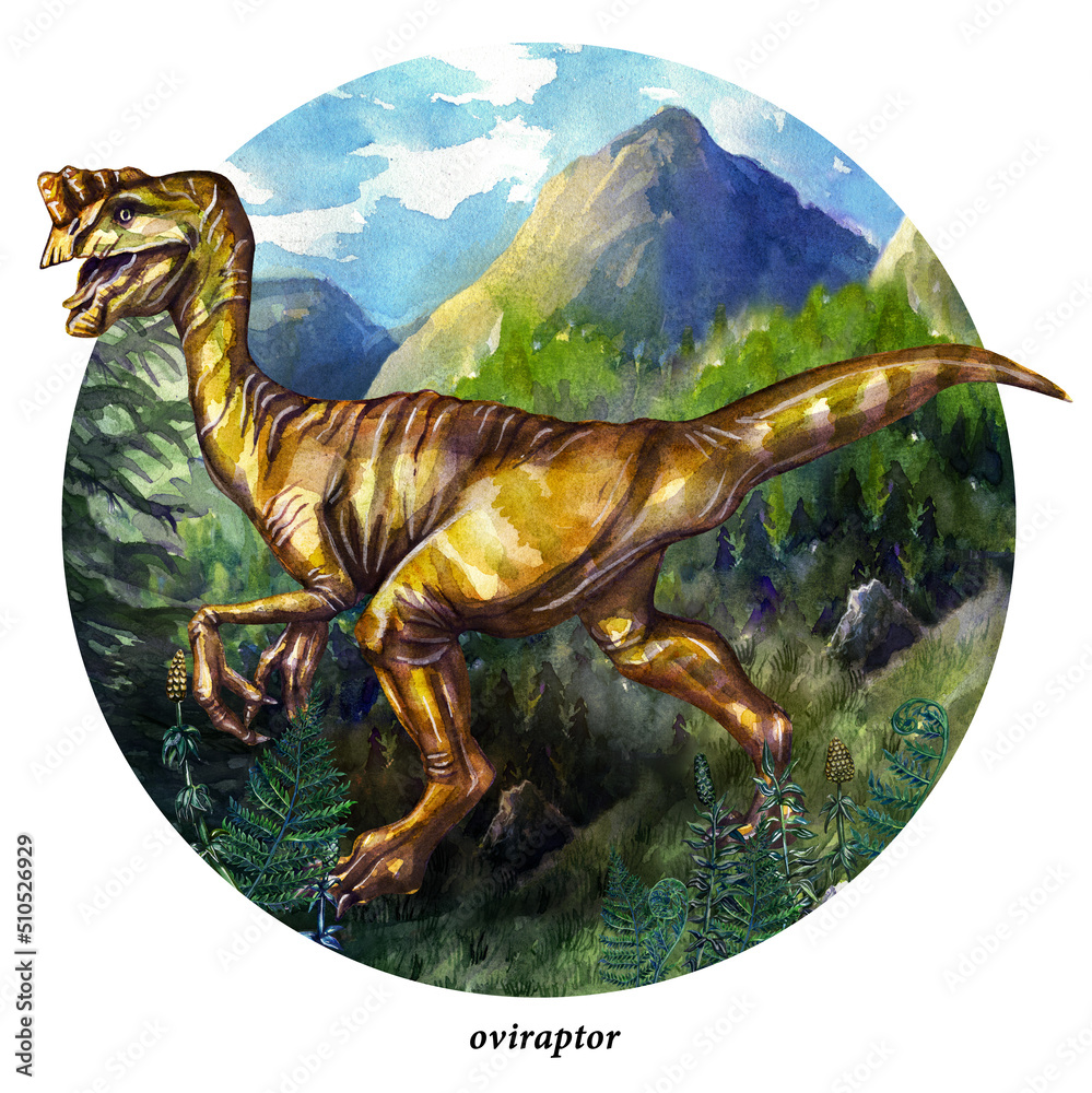 Oviraptor cameo. Dinosaurs in the wild. Prehistoric animals. Watercolor ...