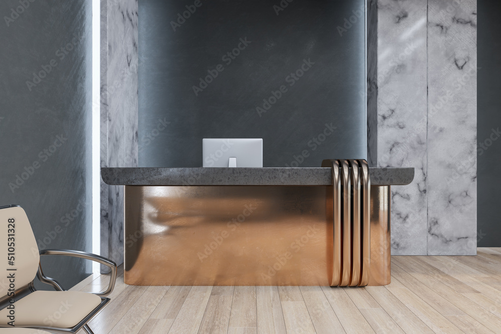 Loft concrete, wooden and marble office lobby interior with shiny ...