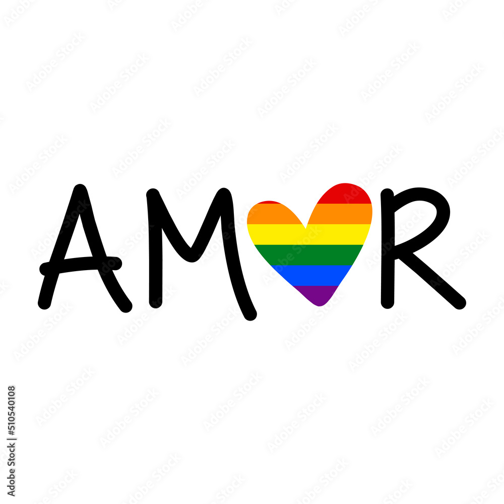 Banner Con Texto Manuscrito Amor En Español Corazón Con Bandera Lgbt Color Arco Iris Vector