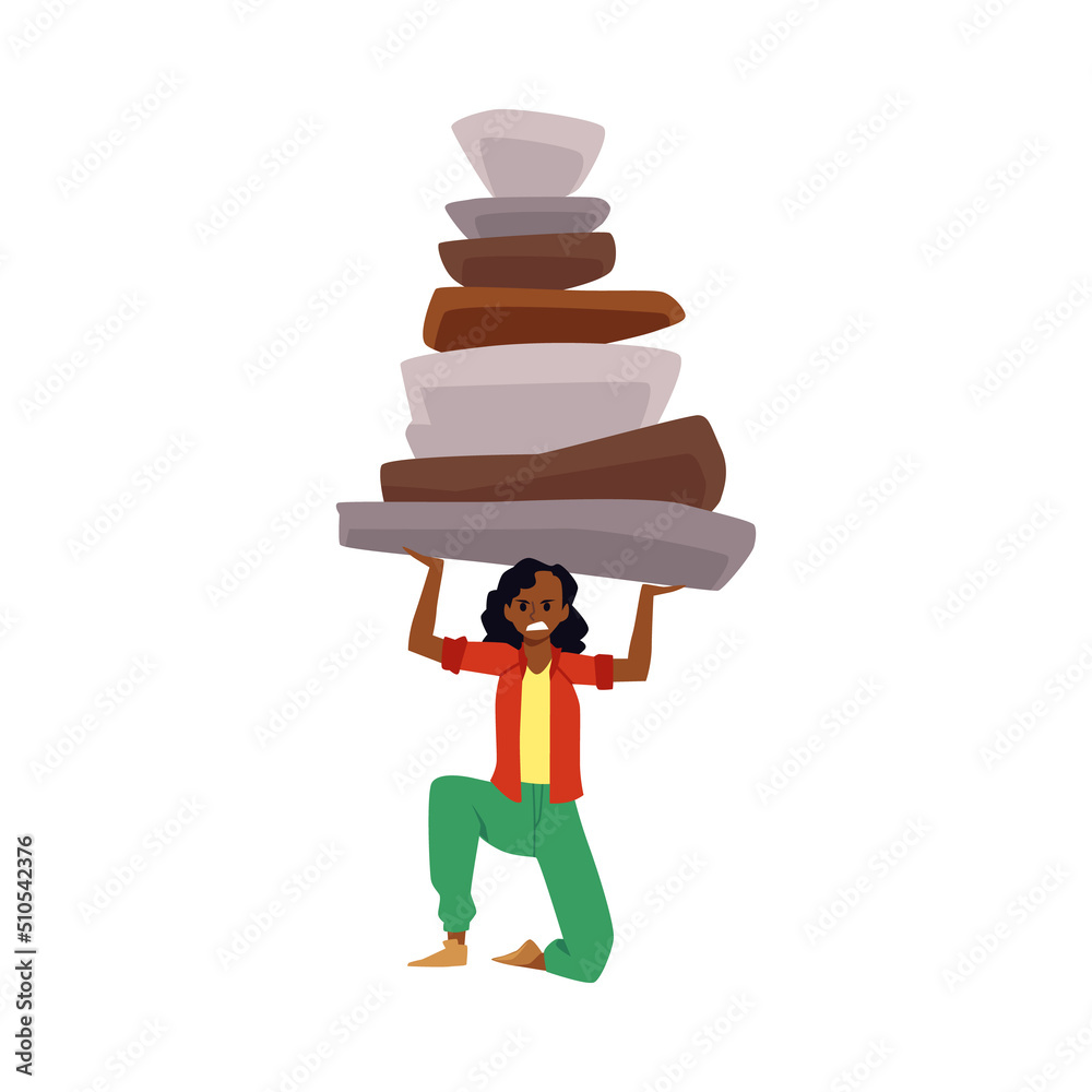 Angry and strong woman carrying abstract heavy life burdens, flat ...