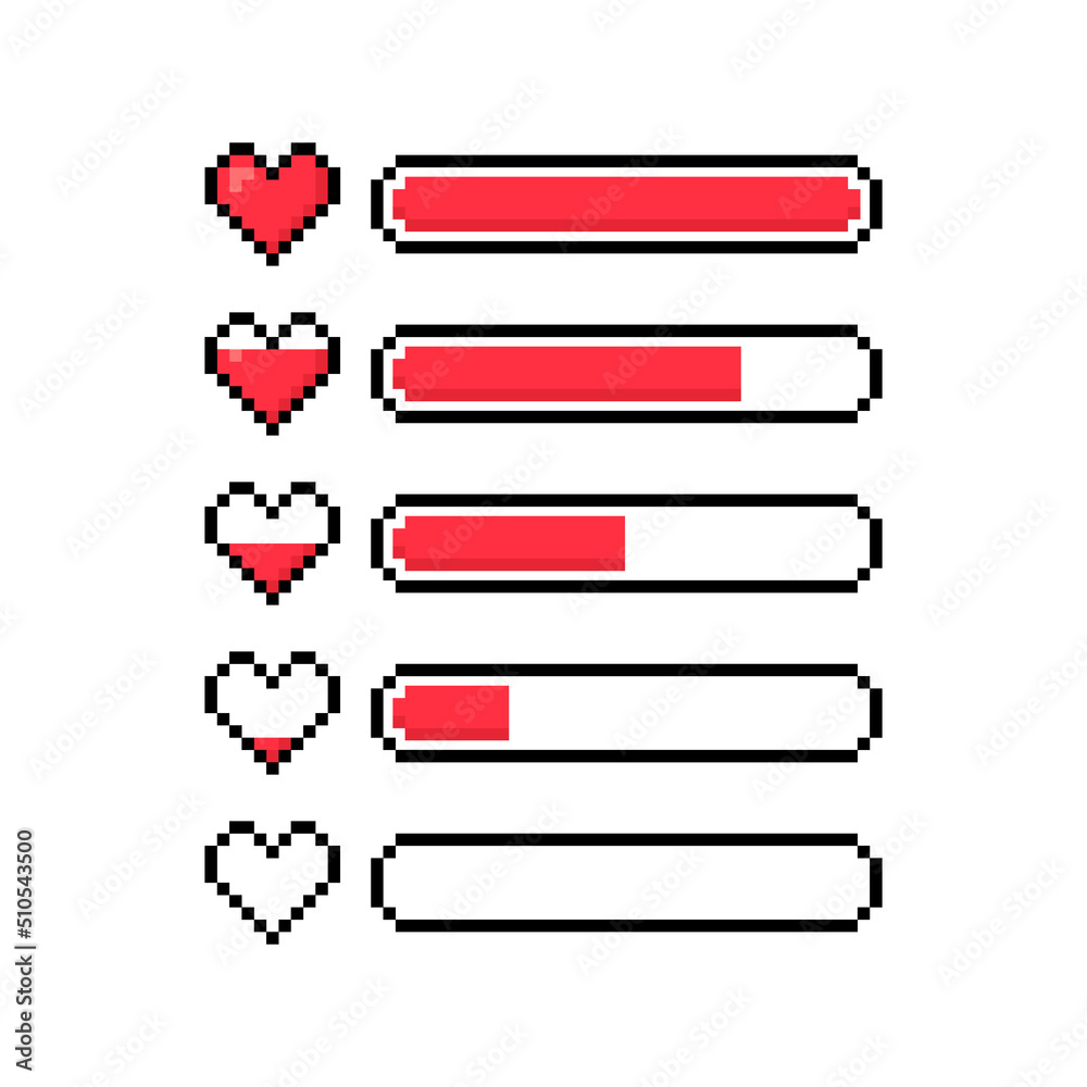 Pixel game life bar. Pixel art 8-bit love loading. Rate your love. Love ...