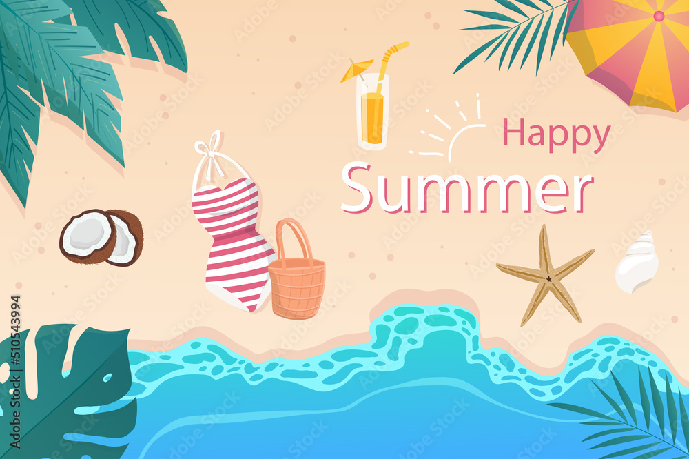 Happy summer background in flat cartoon design. Wallpaper with sandy ...