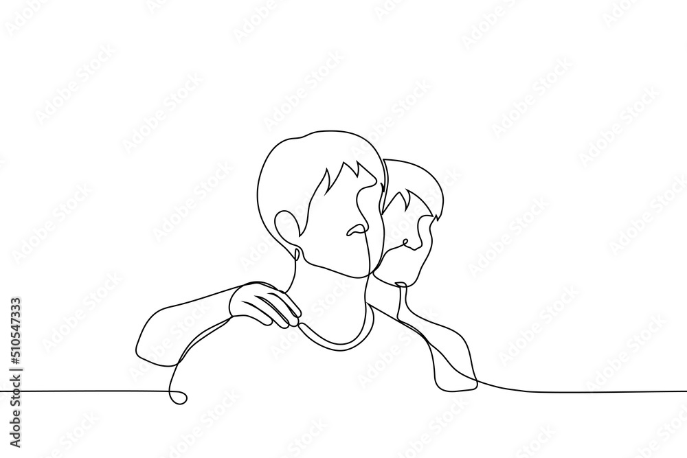 male friends stand side by side in an embrace - one line drawing vector ...
