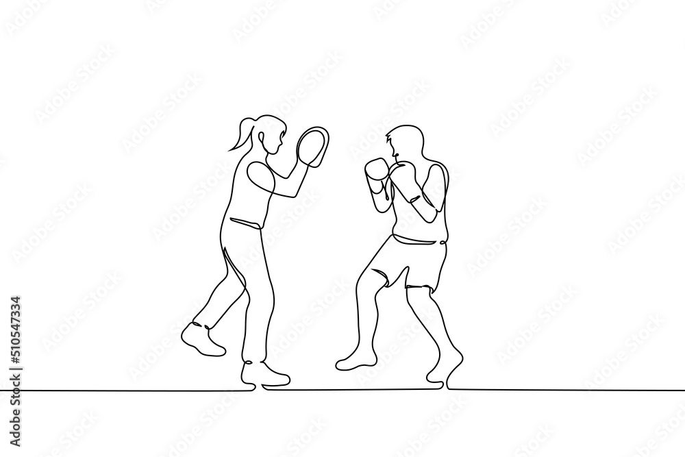 man boxer training with female trainer - one line drawing vector ...