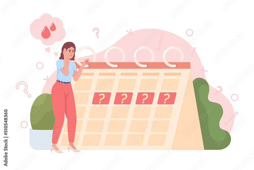 Irregular periods 2D vector isolated illustration. Worried lady flat ...