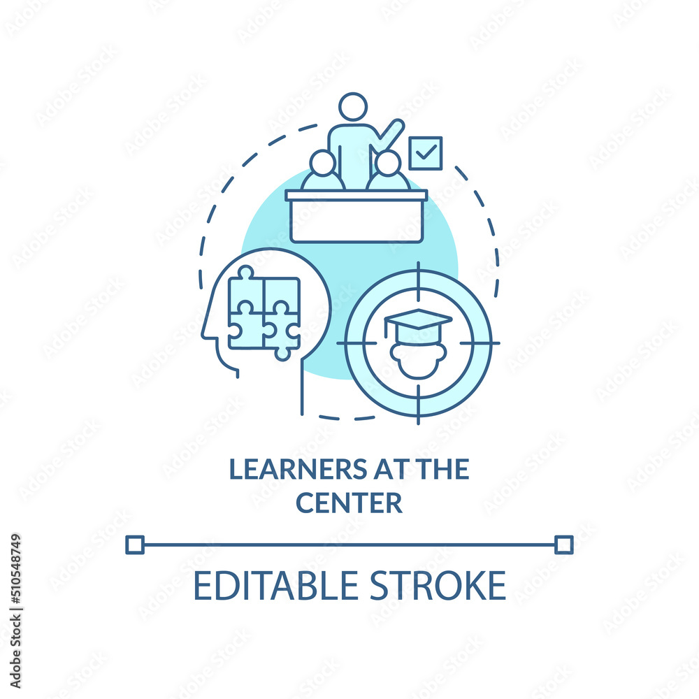 Learners at center turquoise concept icon. Student-centered education ...