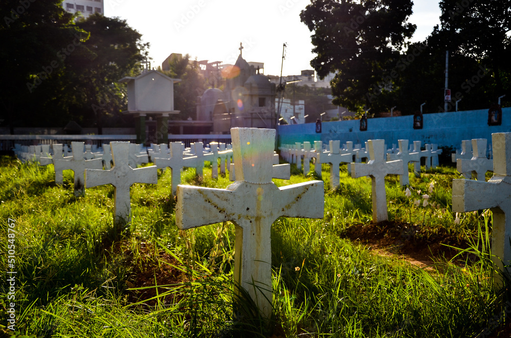 Foto de The line of holy crosses dug in the mud for the remembrance of ...