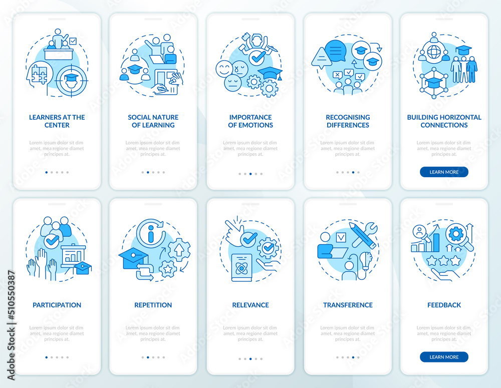 Principles Of Learning Blue Onboarding Mobile App Screen Set Walkthrough 5 Steps Editable
