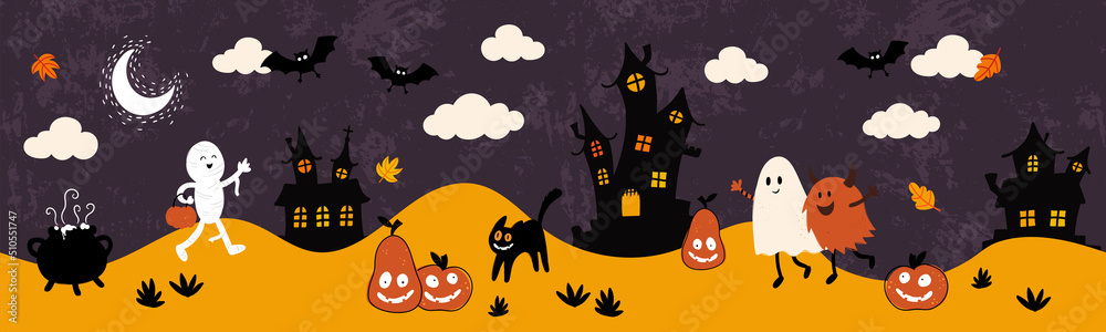 Cute hand drawn halloween seamless pattern with creepy houses, dressed ...