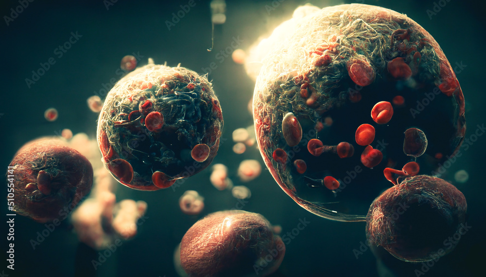 Stem Cells and blood cells floating, immunotherapy, embryo stem cell in ...