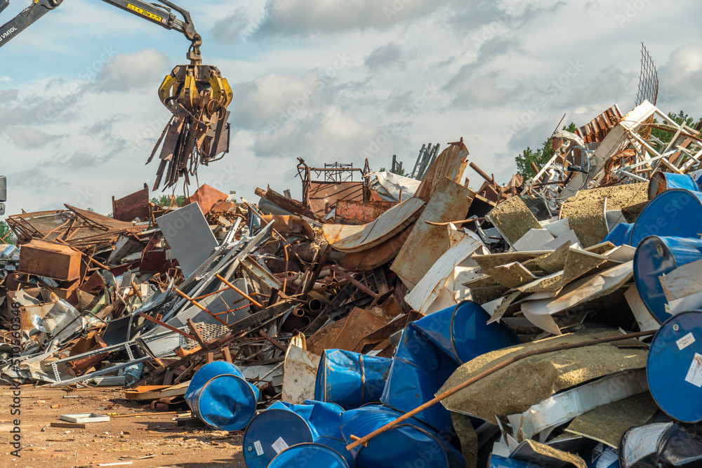 Processing industry, a pile of old scrap metal, ready for recycling ...