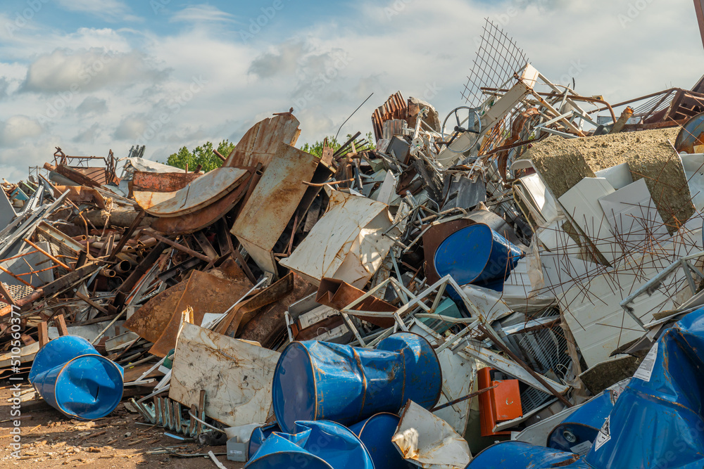 Processing industry, a pile of old scrap metal, ready for recycling ...