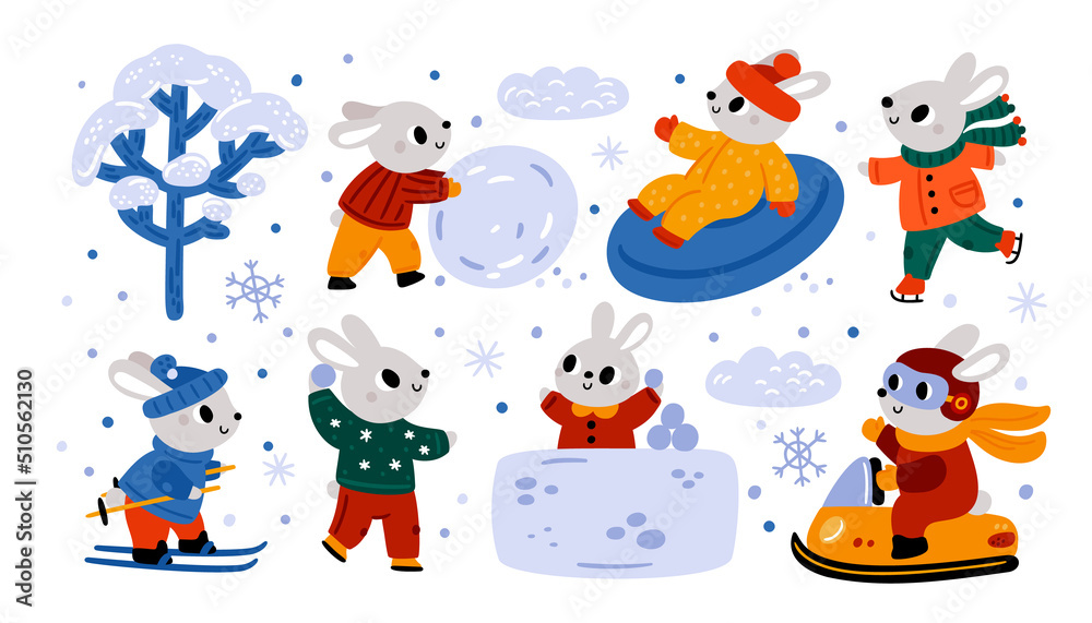 Winter hare, cute happy bunny animals in cartoon style. Merry Christmas ...