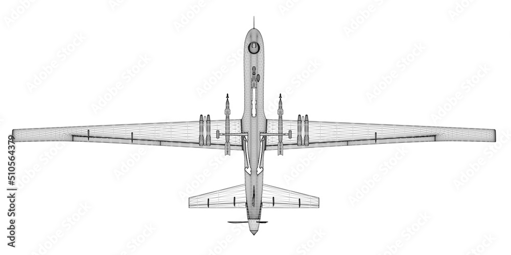 Black Lines Combat Drone Wireframe Isolated On White Background Bottom View 3d Vector