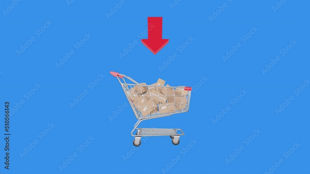 Realistic 3d animation of a rotating shopping cart with red arrow above ...